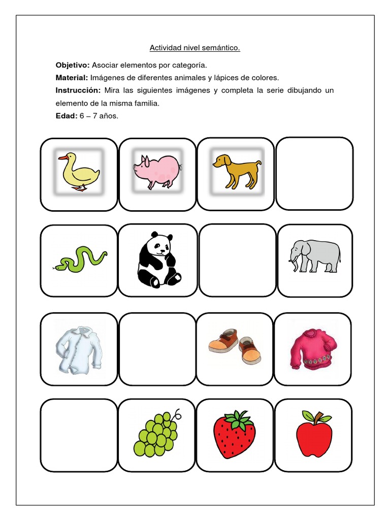 Objetivo: Asociar elementos por categoría. Material: Imágenes de ...