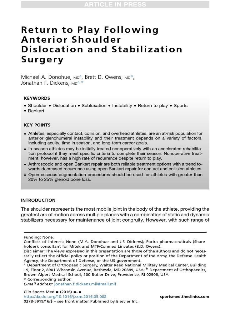 Return To Play Following Anterior Shoulder Dislocation and ...
