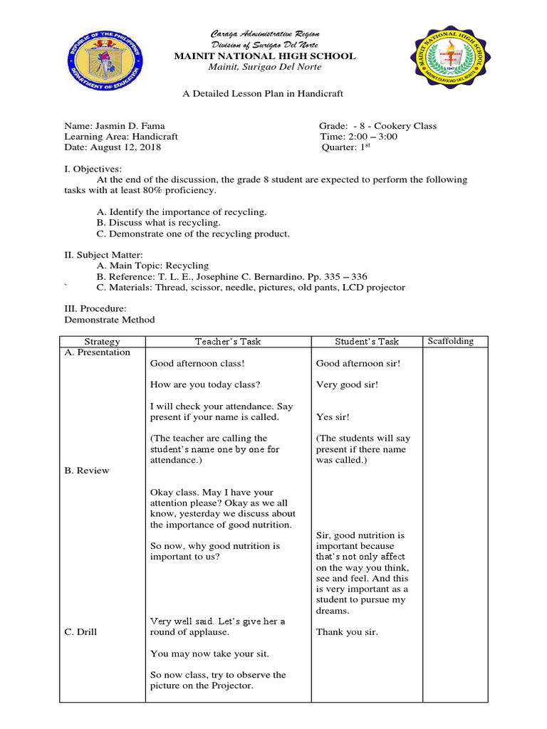 Detailed - Lesson Plan in Handicraft | PDF | Recycling | Landfill