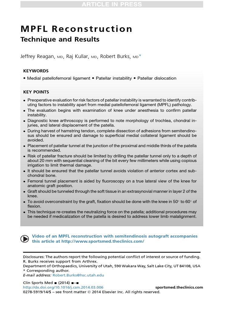 MPFL Reconstruction | PDF | Knee | Joints