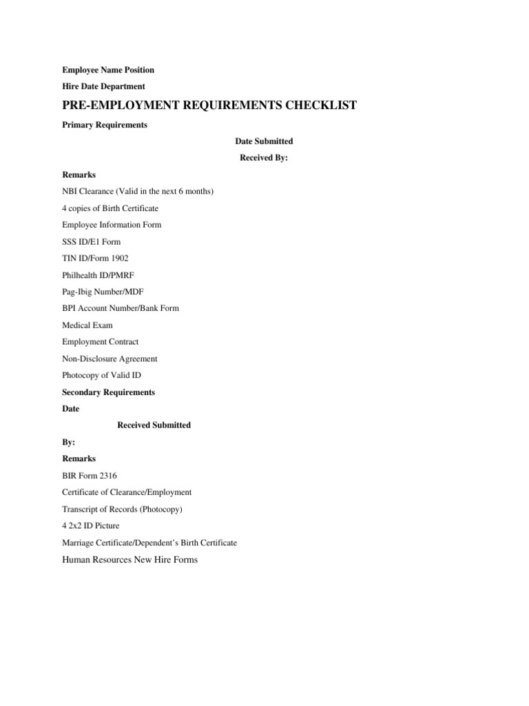 Pre Employment Requirements PDF | PDF | Physical Examination | Human ...