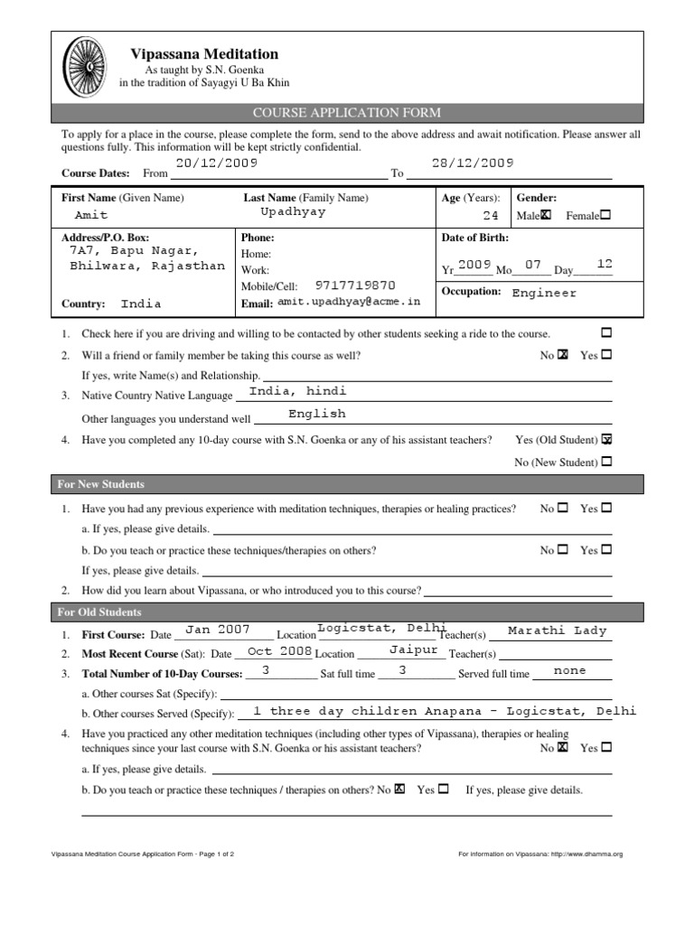 Vipassana Application Form | PDF | Psychiatry Related Fields | Clinical ...