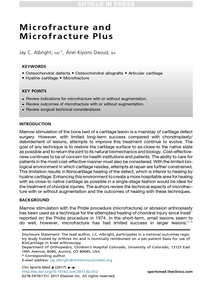 Microfracture and Microfracture Plus | PDF | Tissue Engineering | Surgery