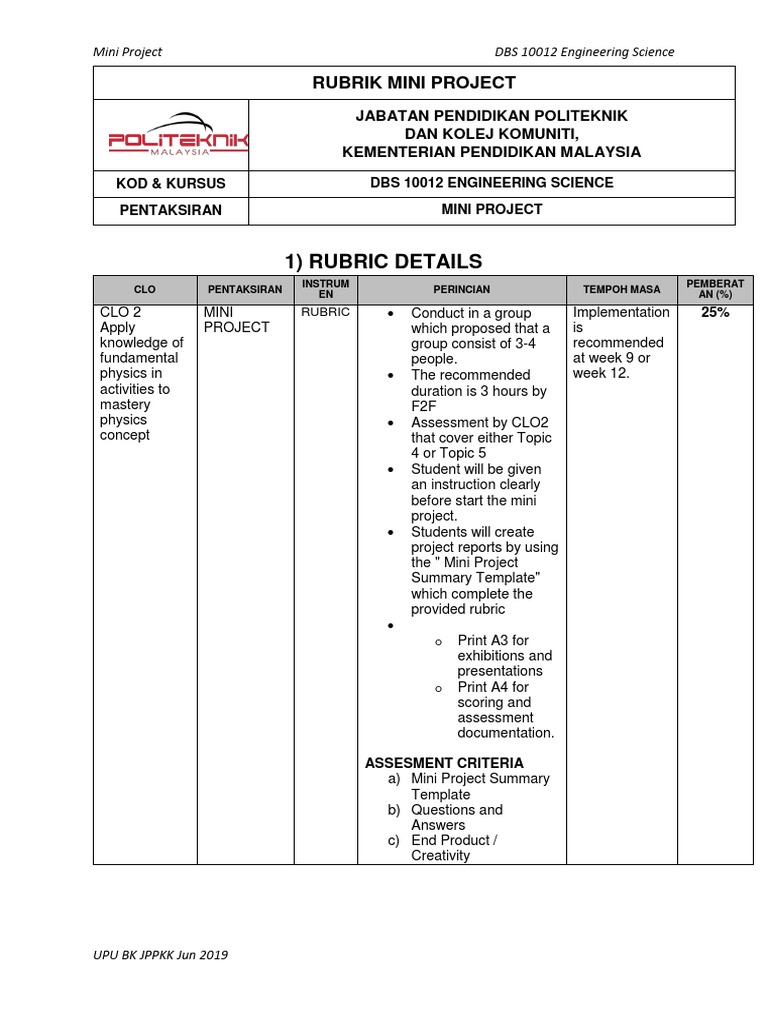 Mini Projek Rubric DBS 10012 | PDF | Buoyancy | Submarines