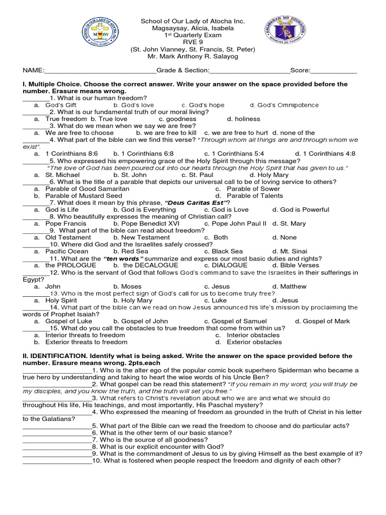 Exam 1st Grading | PDF | Christian Church | Jesus