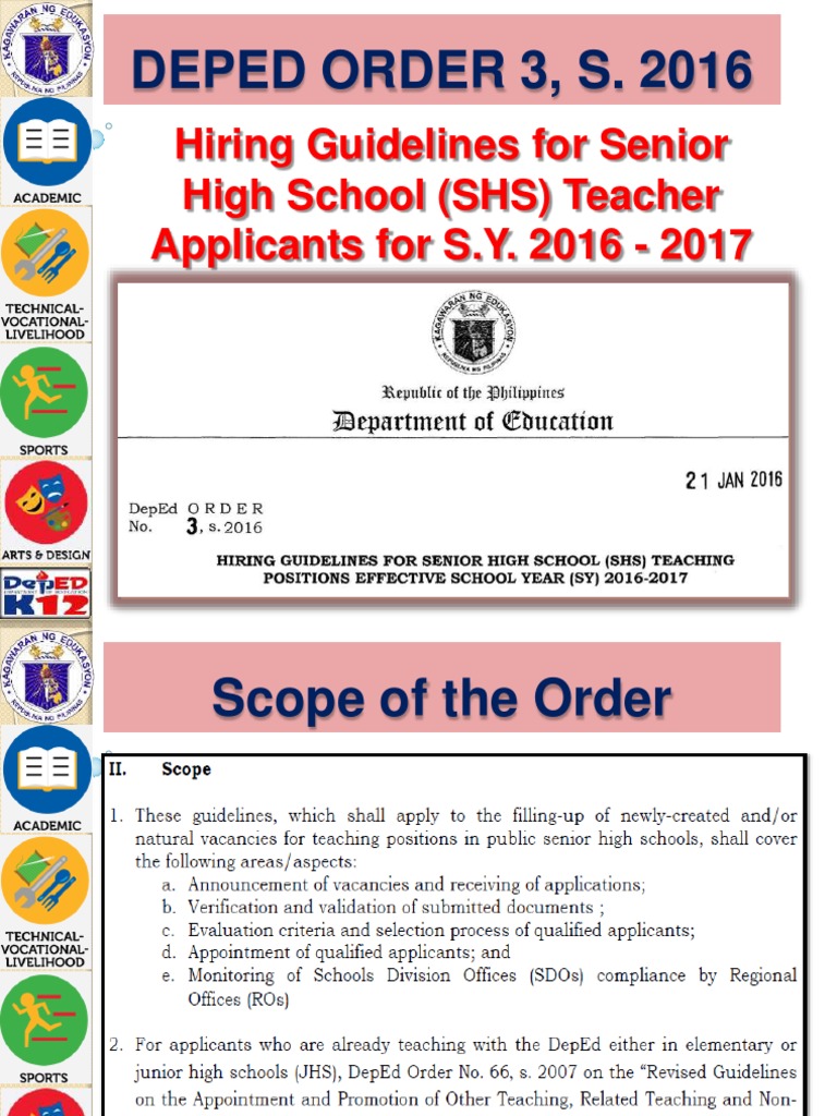 Deped Order 3, S. 2016: Hiring Guidelines For Senior High School (SHS ...