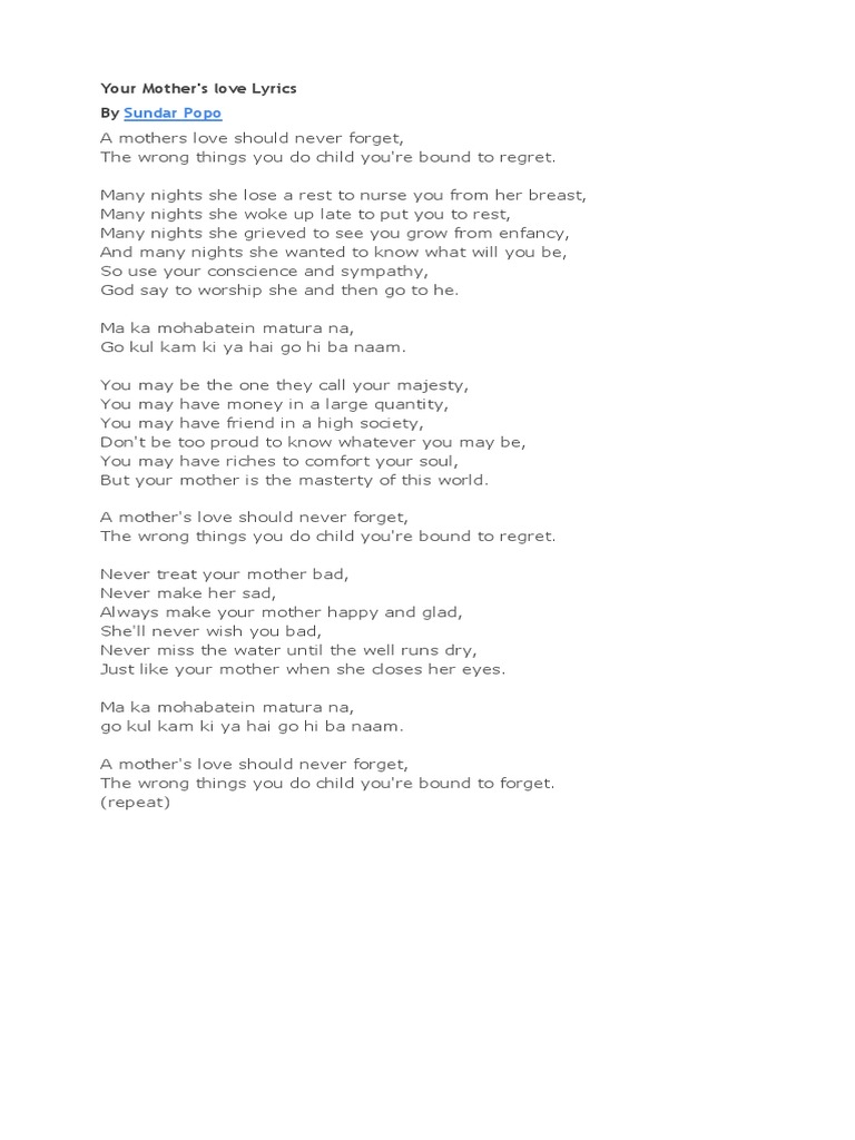 Sundar Popo: Your Mother's Love Lyrics by | PDF