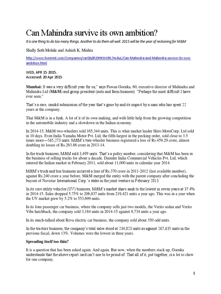 Can Mahindra Survive Its Own Ambition - Apr - 2015 | PDF | Sport ...