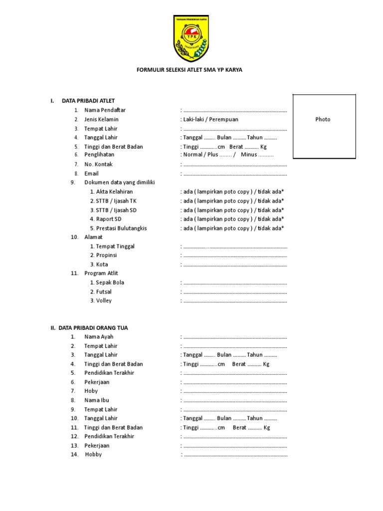 Form Seleksi Atlit | PDF