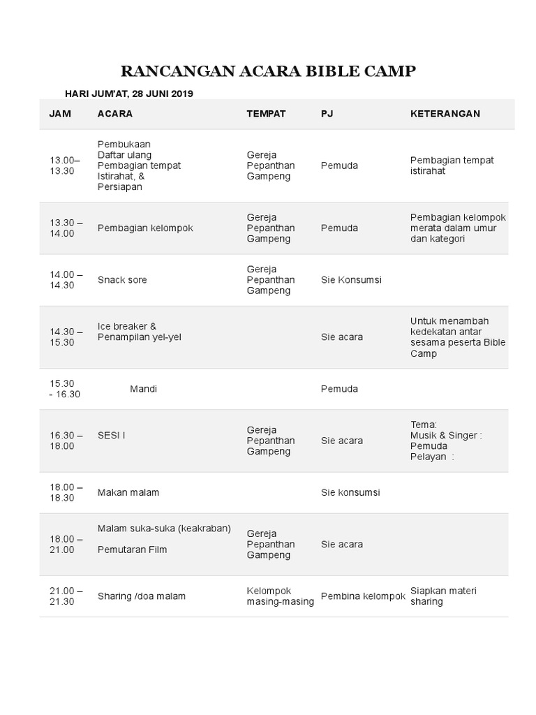 Contoh Susunan Acara Bible Camp | PDF