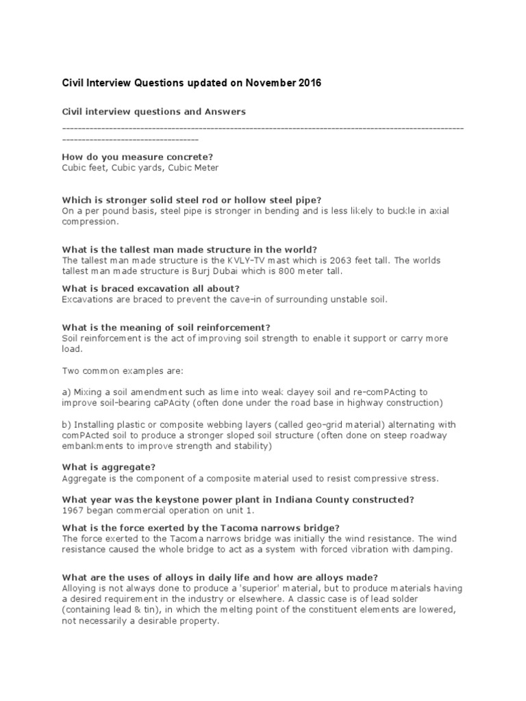 Civil Interview Questions Updated On November 2016 | PDF | Bearing ...