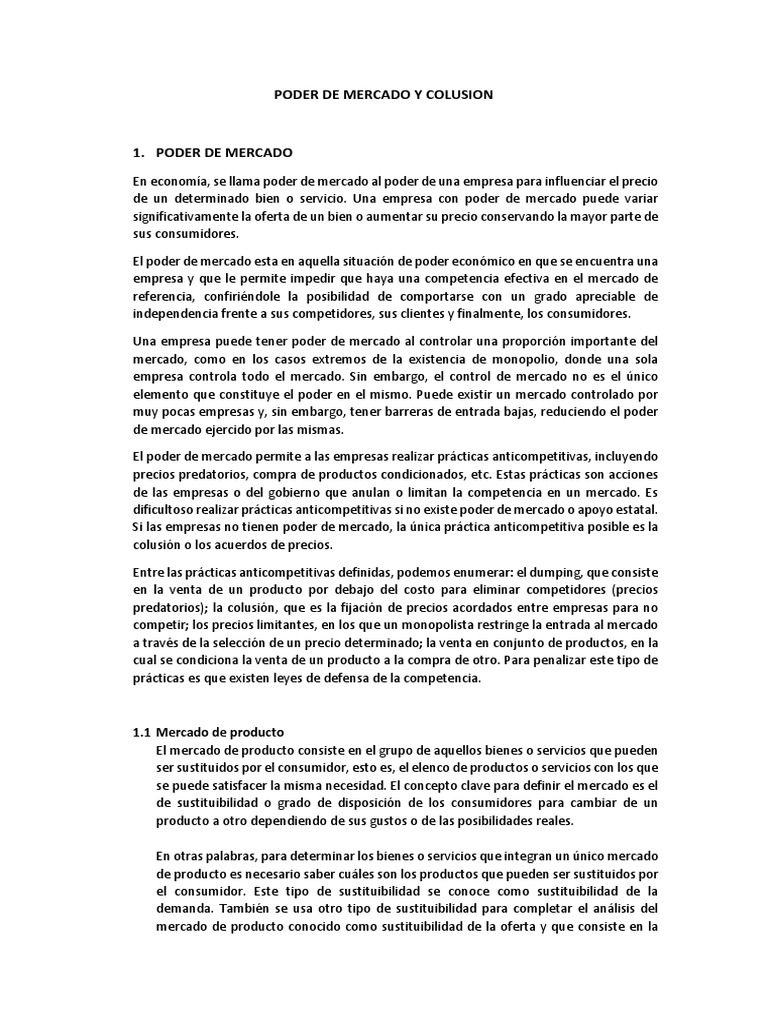 Poder de Mercado y Colusion | PDF | Monopolio | Mercado (economía)