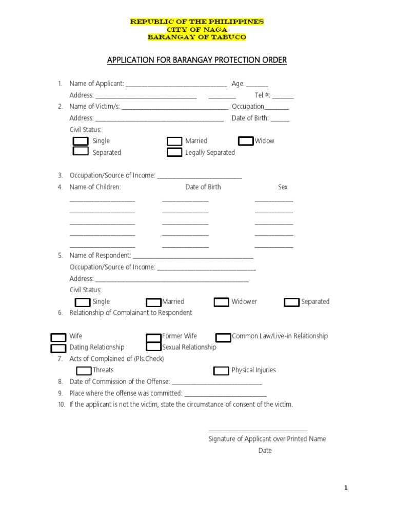 Application For Barangay Protection Order | PDF | Aggression | Virtue