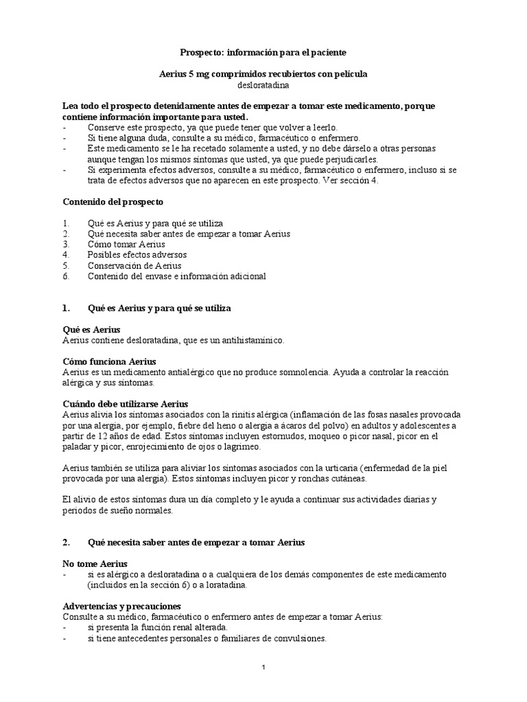 Prospecto Aerius Comprimidos Tcm2353-287515-1 | PDF | Alergia ...