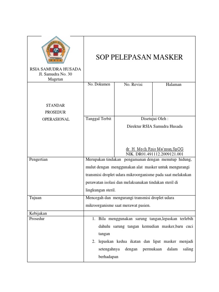 SOP Pelepasan Masker RSIA Samudra Husada | PDF