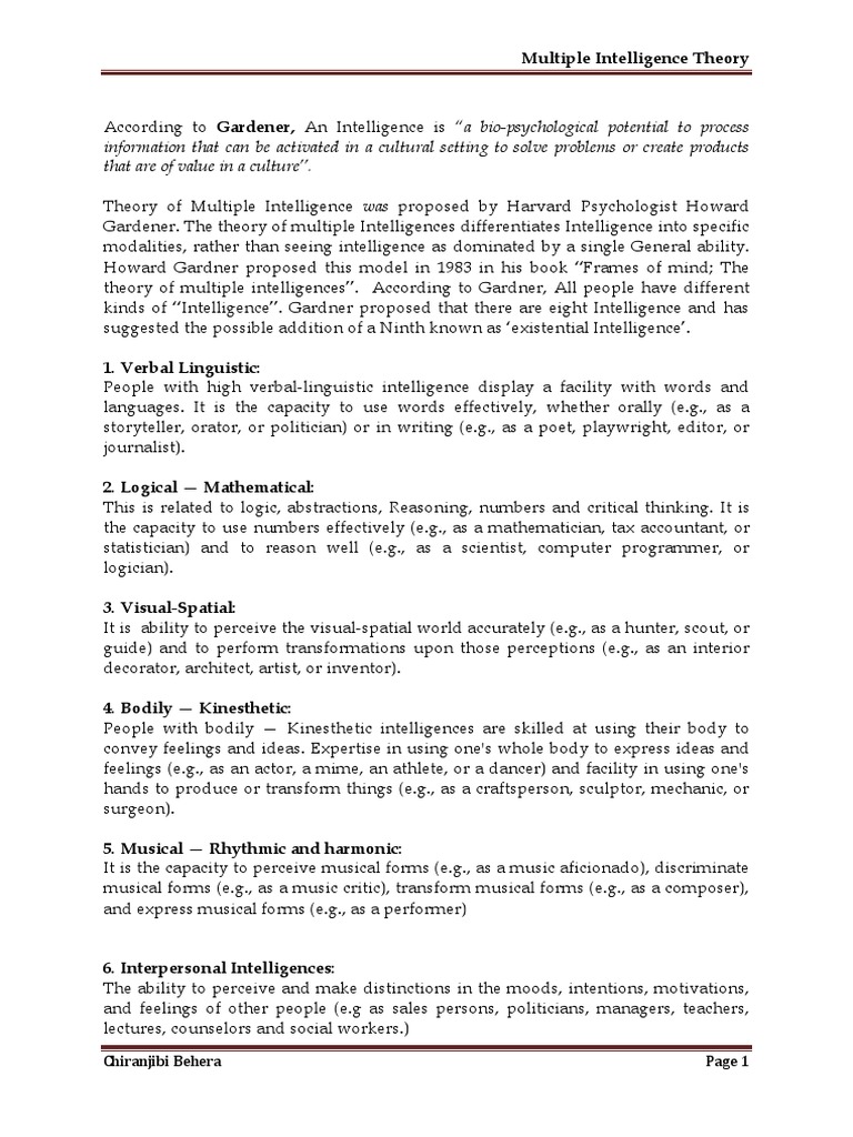Multiple Intelligence Theory Pdf Intelligence Neuropsychology