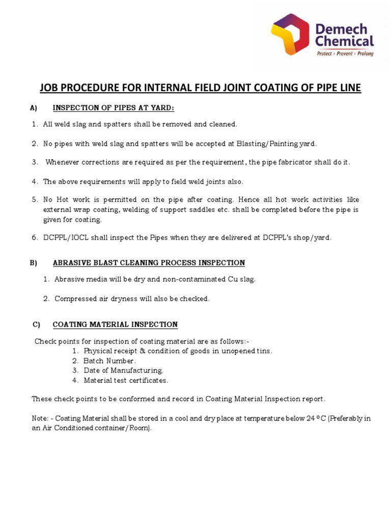 Job Procedure For Pipe Line Field Joint Coating-Iocl | PDF | Pipe ...