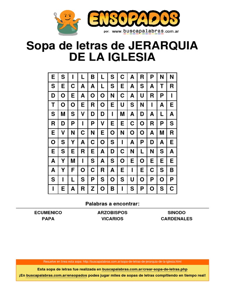 Sopa de Letras: Jerarquía de la Iglesia | PDF