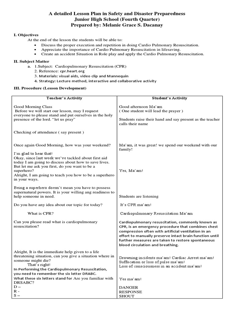 A Detailed Lesson Plan of Mapeh CPR | PDF | Medical Emergencies ...