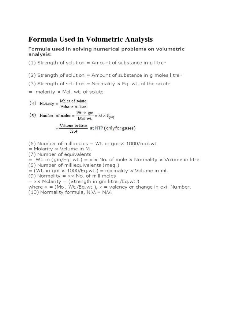 Formula Used in Volumetric Analysis | PDF