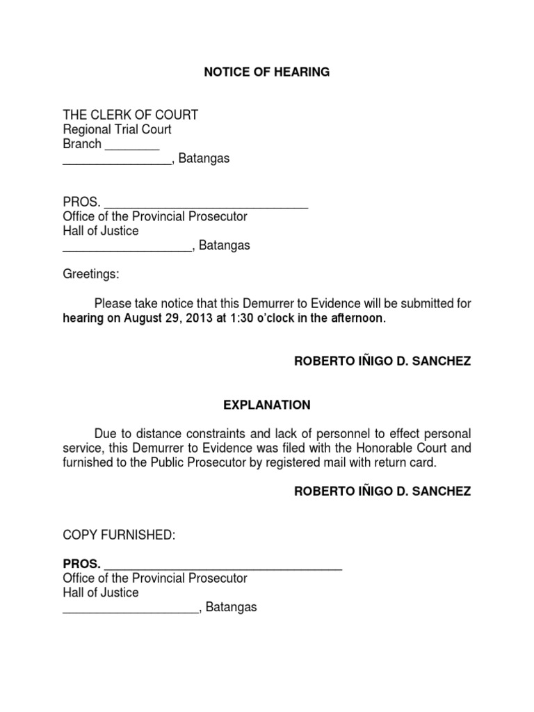 Notice of Hearing for Demurrer to Evidence | PDF