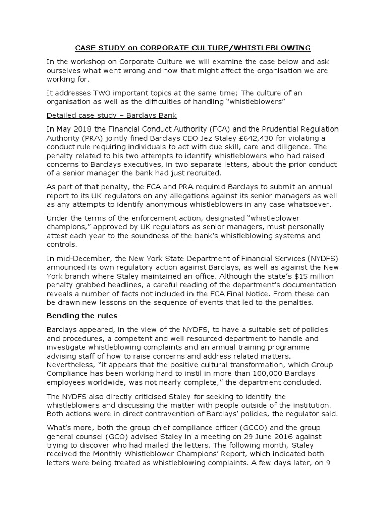 Barclays Whistleblowing Case Study | PDF | Whistleblower | Barclays
