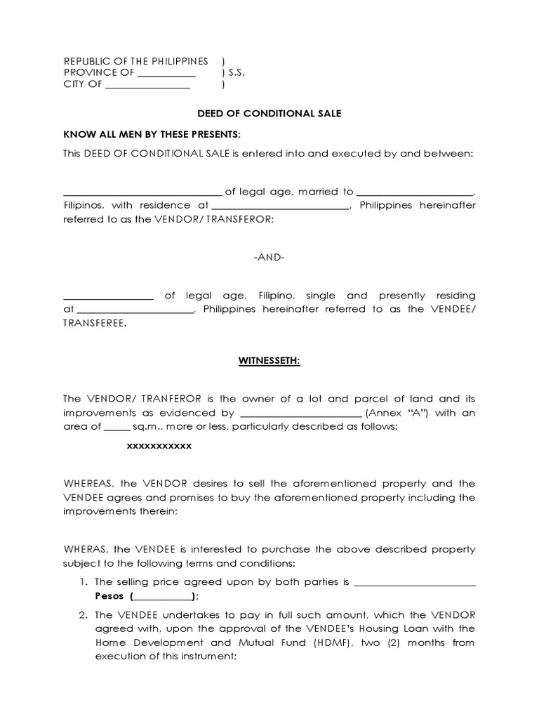 Deed of Conditional Sale Sample | PDF | Deed | Taxes