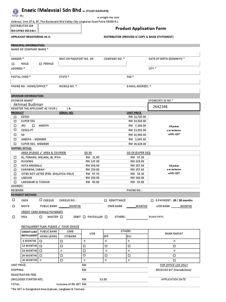 Order Form Distributor Enagic Malaysia | PDF | Indemnity | Financial ...