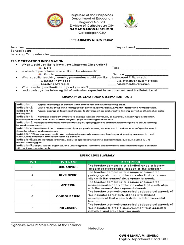 Pre-Observation Form: Samar National School | PDF | Pedagogy | Learning