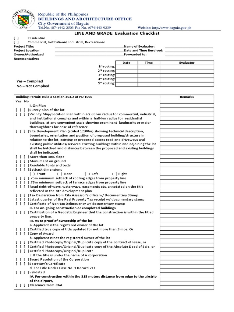 Line and Grade Evaluation Checklist | PDF | Easement | Real Property