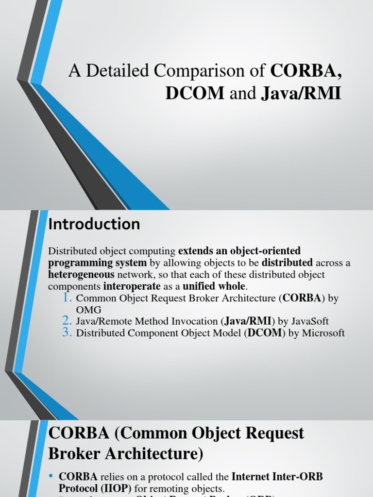 1 Corba Vs RMI Vs DCOM | PDF | Common Object Request Broker Architecture | Component Object Model