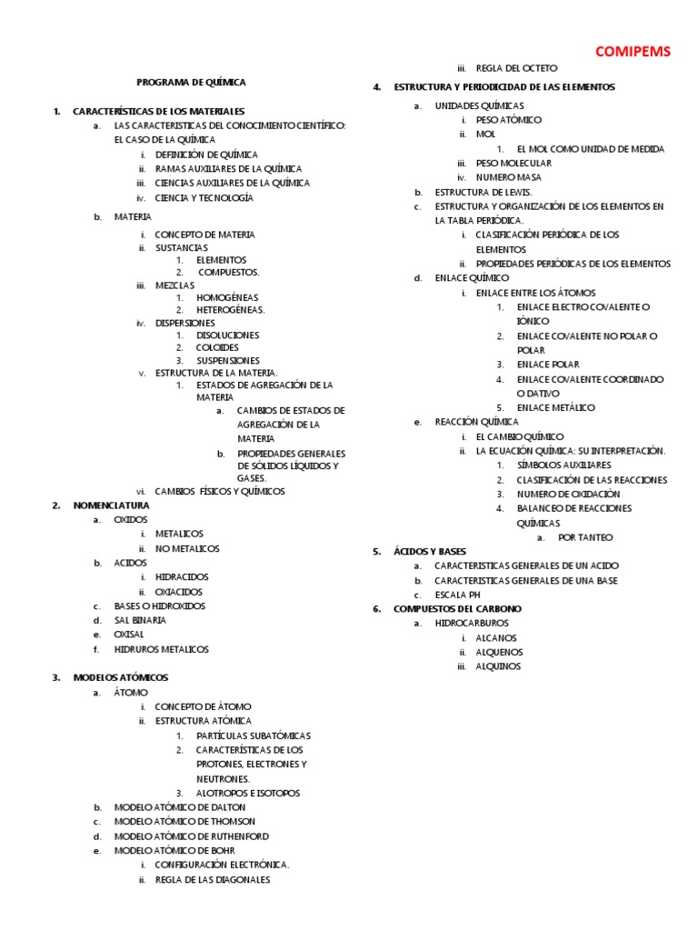 Temario Comipems | PDF | Enlace químico | Átomos
