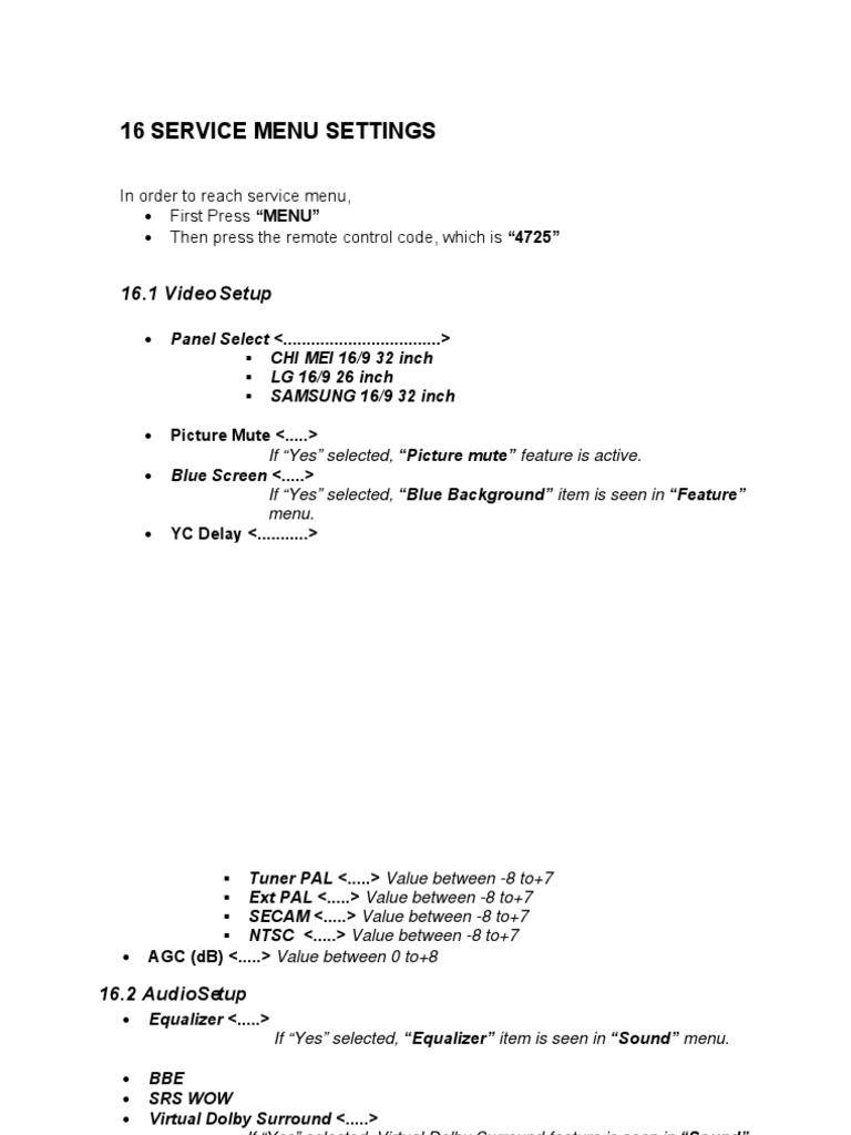 16 Service Menu Settings: 16.1 Video Setup | PDF | Electronics ...