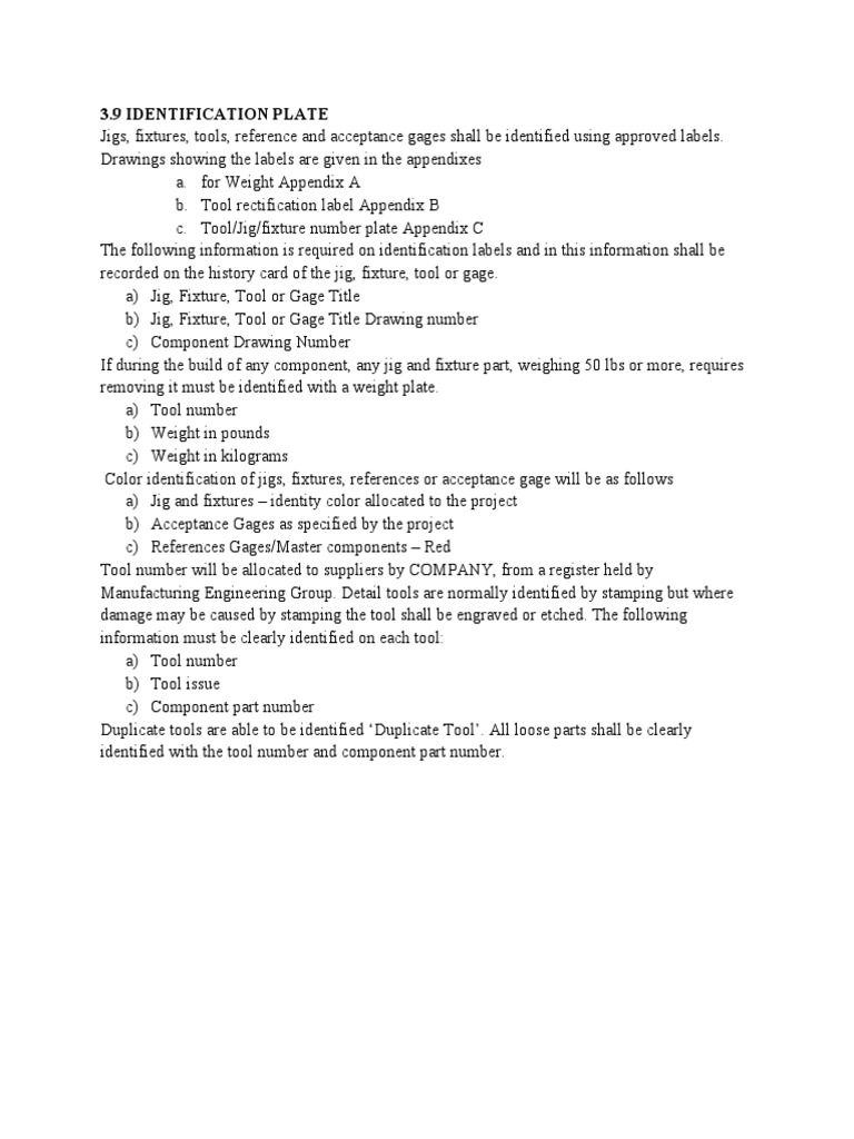 Identification Plate Guidelines for Tools | PDF