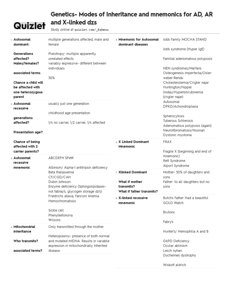 Genetics-Modes of Inheritance and Mnemonics For AD, AR and X-Linked Dzs ...