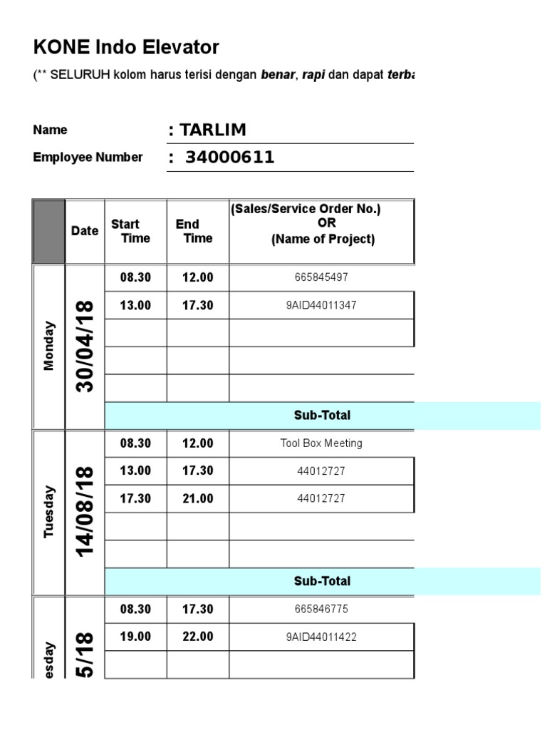 KONE Indo Elevator Timesheet | PDF | Business