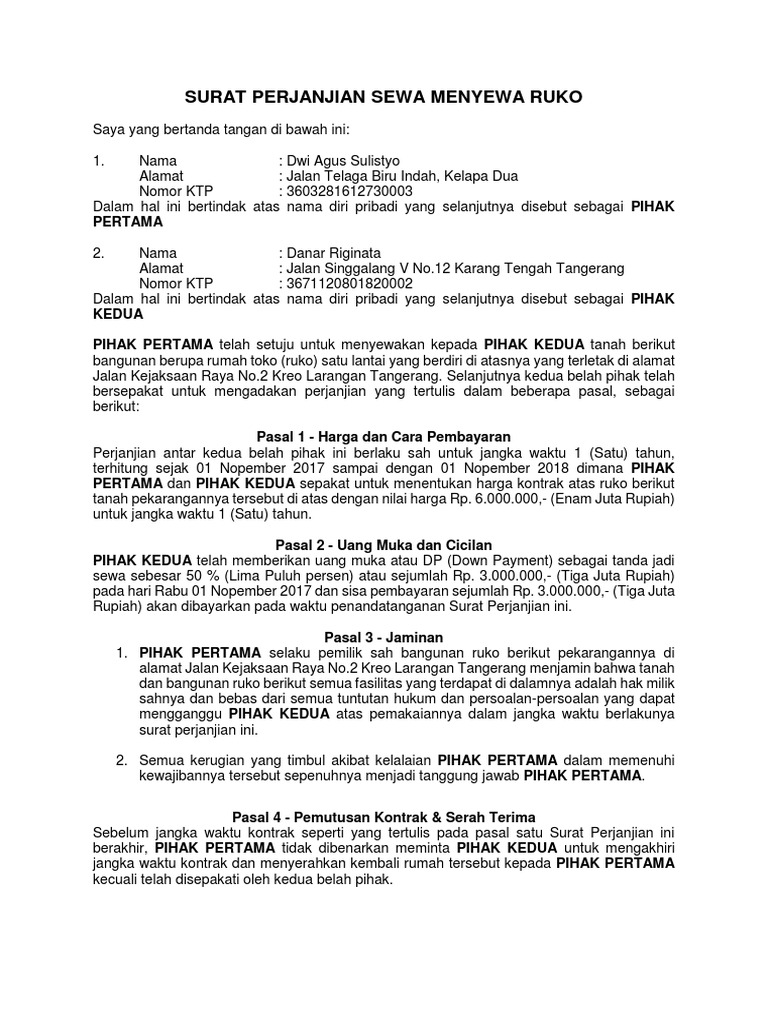 Surat Perjanjian Sewa Menyewa Ruko | PDF