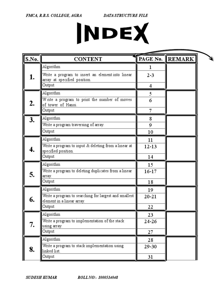 Data Structuer Final Index Download Free Pdf Array Data Structure Computer Science