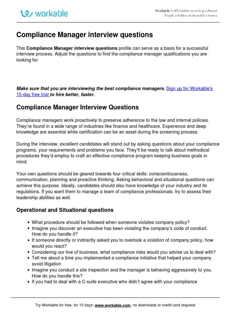 Compliance Manager Interview Questions PDF | PDF | Regulatory ...