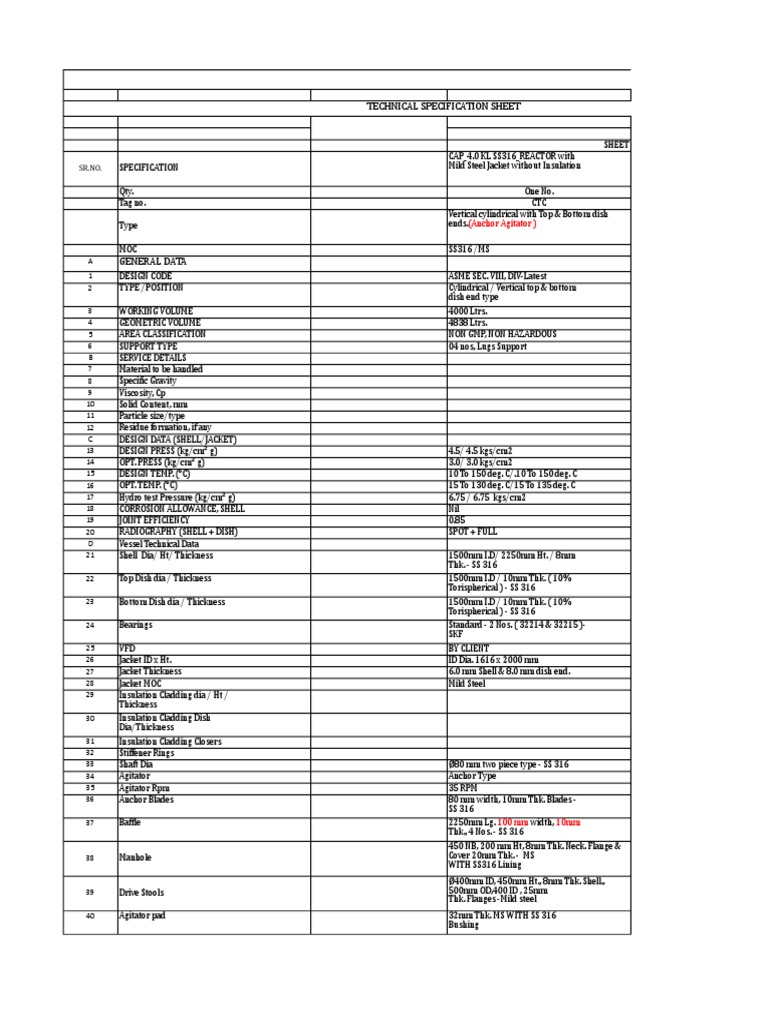 4 KL Reactor Data Sheet | PDF | Pipe (Fluid Conveyance) | Mechanical ...