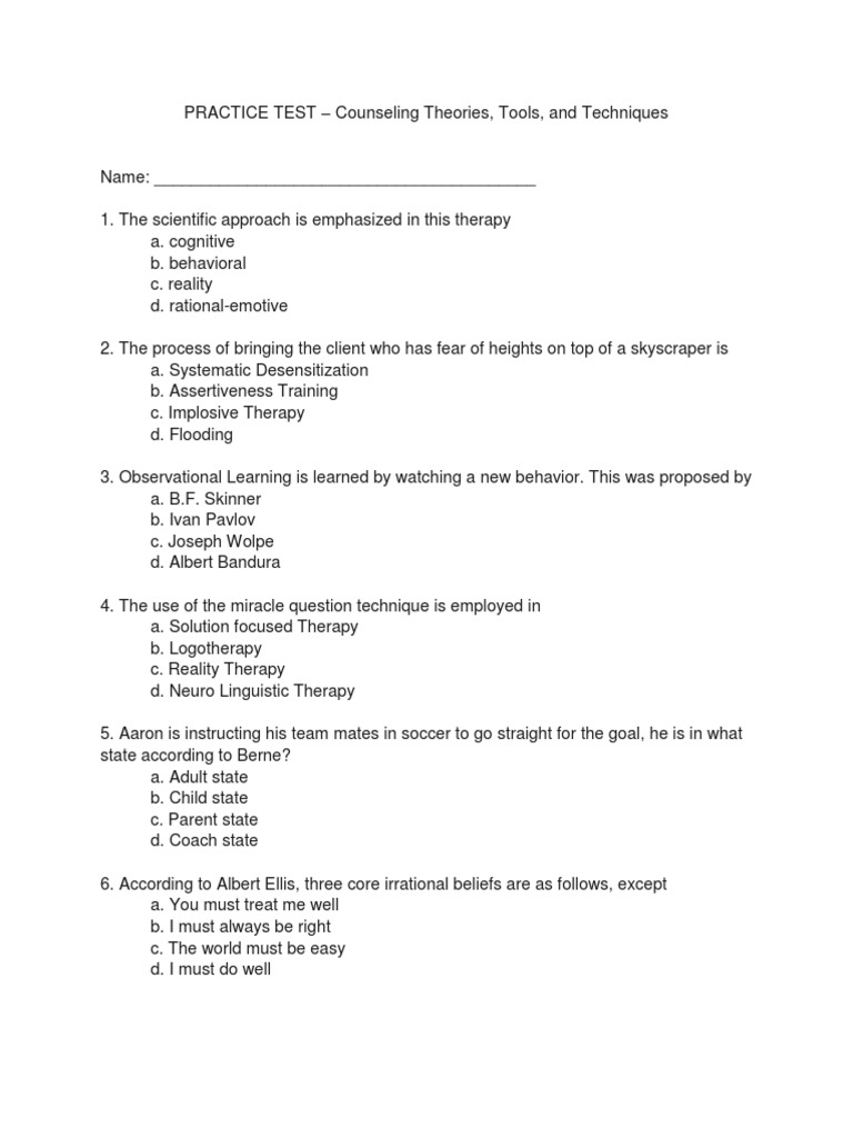 Practice Test Theories Techniques | PDF | Rational Emotive Behavior ...