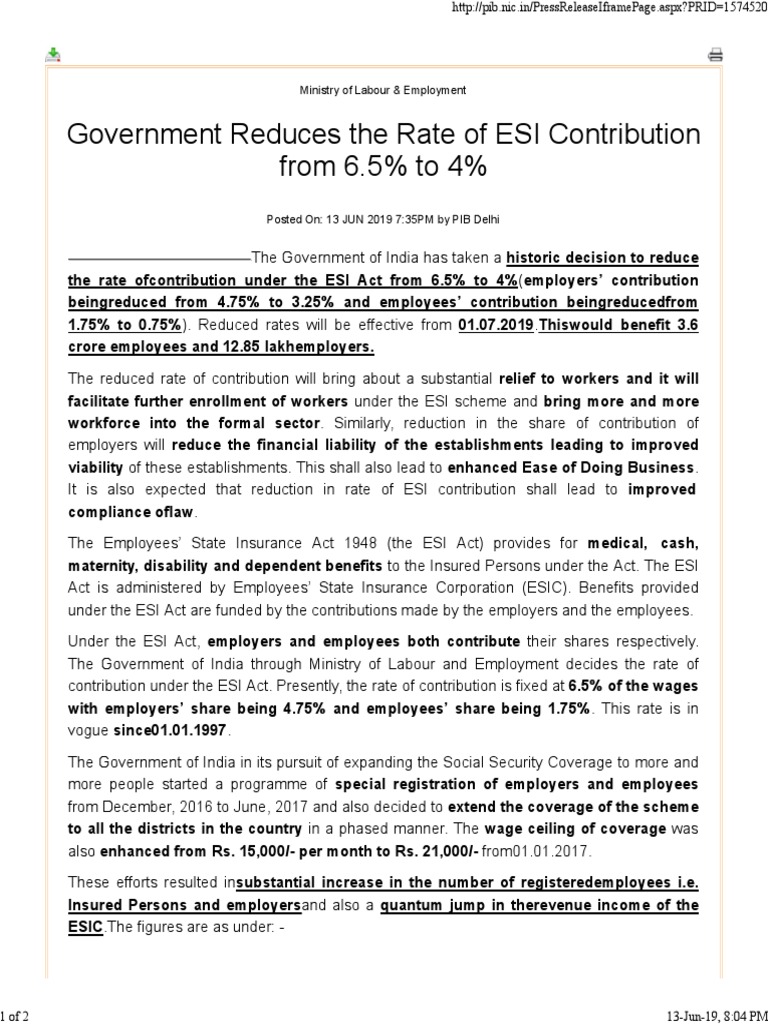 Government Reduces The Rate of ESI Contribution From 6.5% To 4% | PDF ...