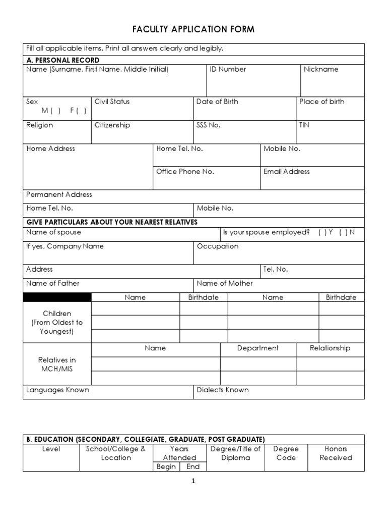 Faculty Application Form: A. Personal Record | PDF | Postgraduate ...
