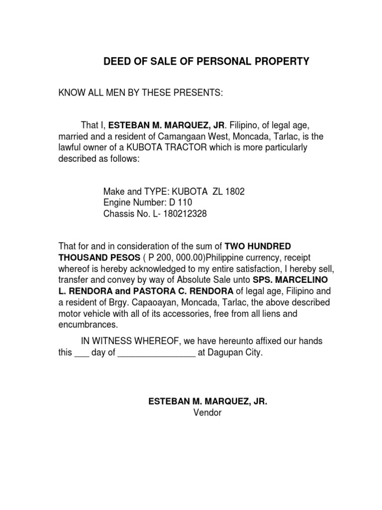 Deed of Sale of Personal Property | PDF