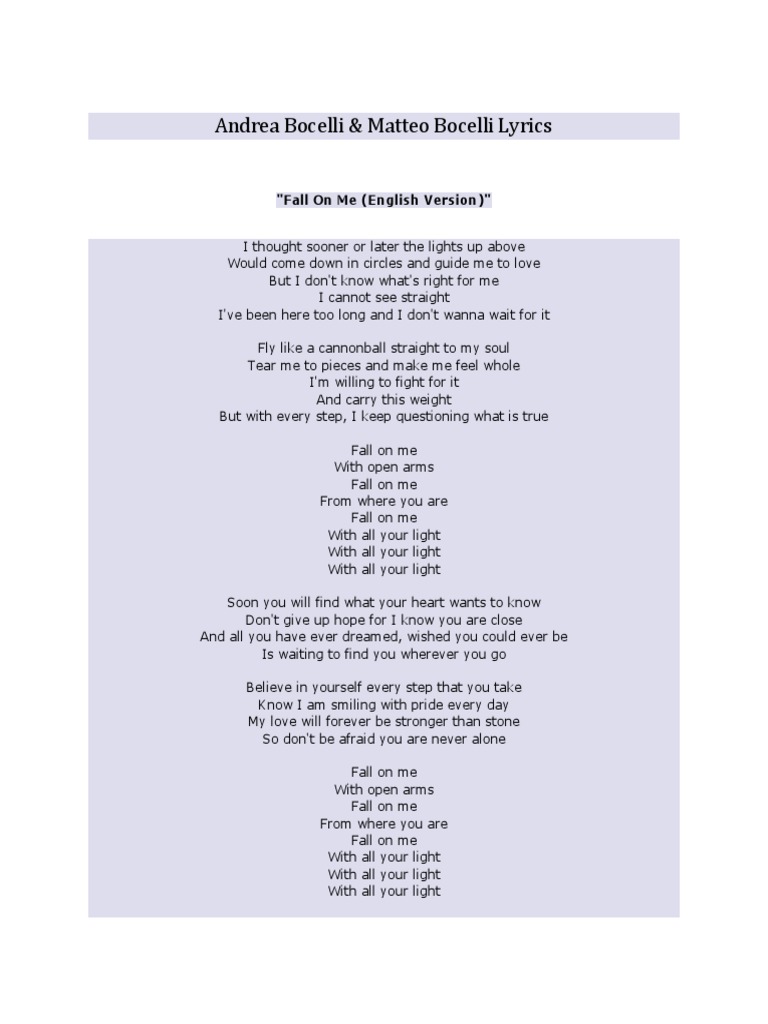 Andrea Bocelli & Matteo Bocelli Lyrics: "Fall On Me (English Version ...