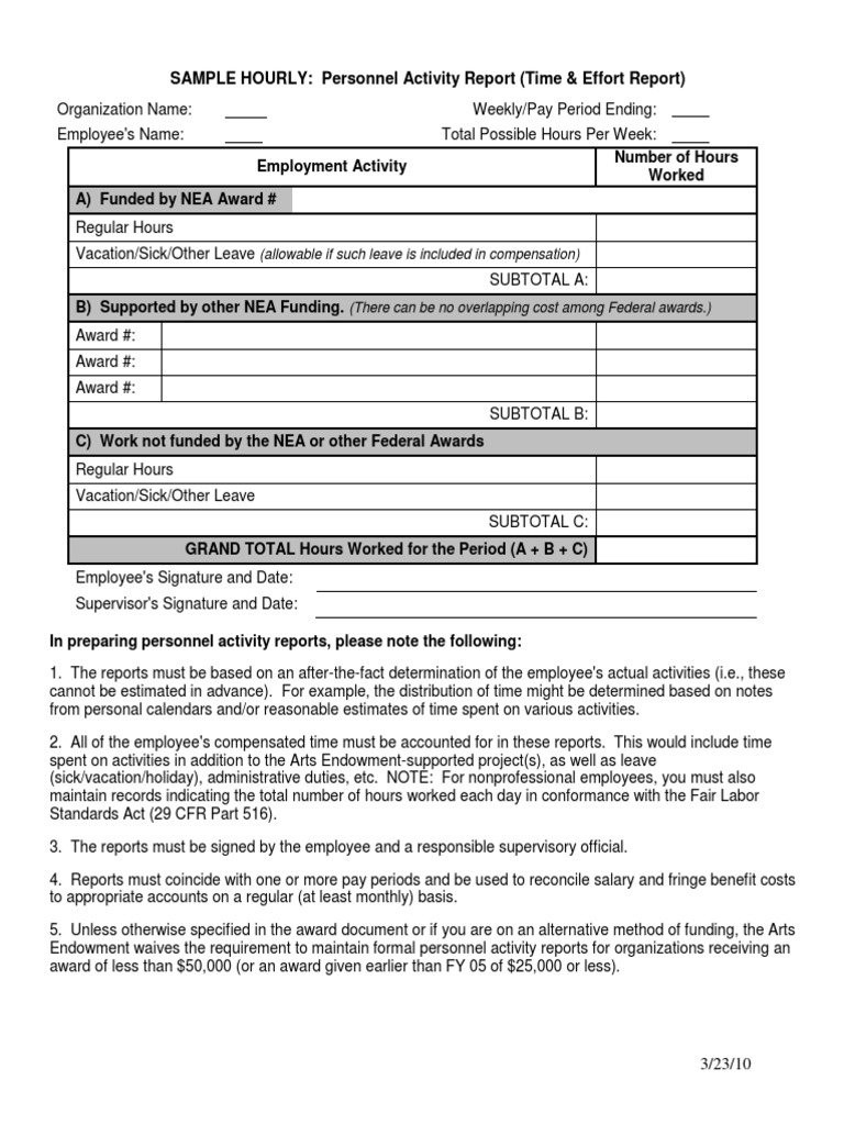 SAMPLE HOURLY: Personnel Activity Report (Time & Effort Report) | PDF ...