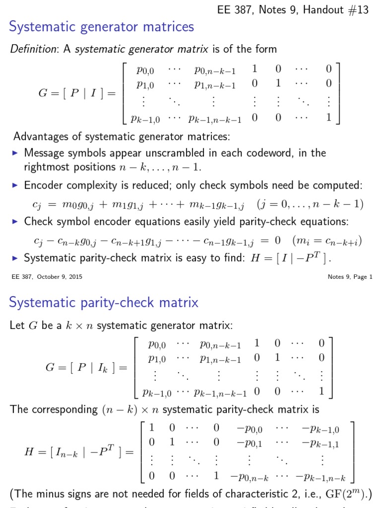 Systematic Generator Matrices: 0,0 0, N K 1 1,0 1, N K 1 | PDF ...