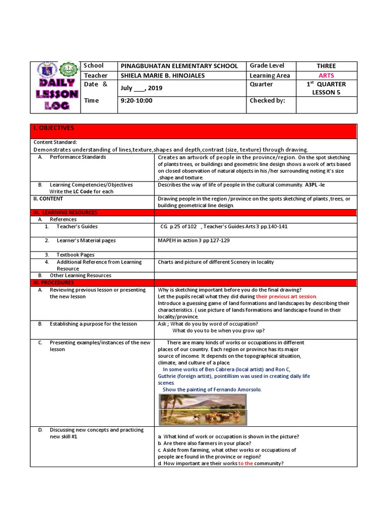 DLL LESSON PLAN IN ARTS Q1 WK 5 | PDF | Teachers | Differentiated Instruction