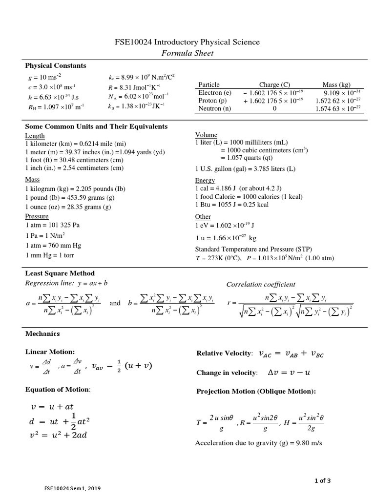 Physical Science Formula Sheet | PDF | Calorie | Litre