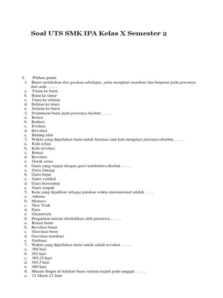 Soal UTS SMK IPA Kelas X Semester 2 | PDF